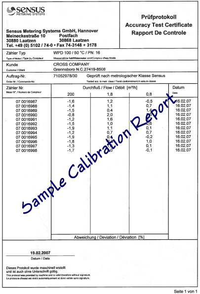 Meinecke Meter Sample Calibration Report - CrossCo